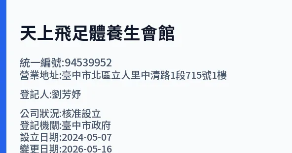 天上飛足體養生會館的照片-統編 94539952(臺中市) 公司登記資料與營業項目詳細圖表