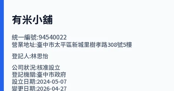 有米小舖的照片-統編 94540022(臺中市) 公司登記資料與營業項目詳細圖表