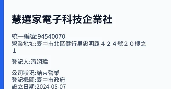 慧選家電子科技企業社的照片-統編 94540070(臺中市) 公司登記資料與營業項目詳細圖表