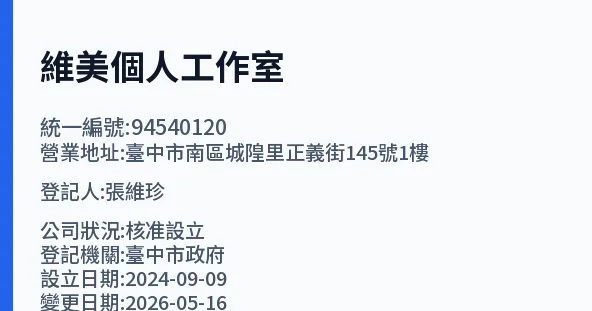 維美個人工作室的照片-統編 94540120(臺中市) 公司登記資料與營業項目詳細圖表