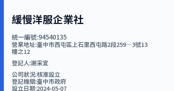 緩慢洋服企業社的照片-統編 94540135(臺中市) 公司登記資料與營業項目詳細圖表