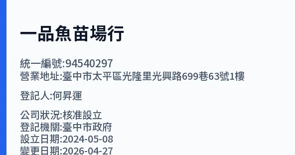 一品魚苗場行的照片-統編 94540297(臺中市) 公司登記資料與營業項目詳細圖表
