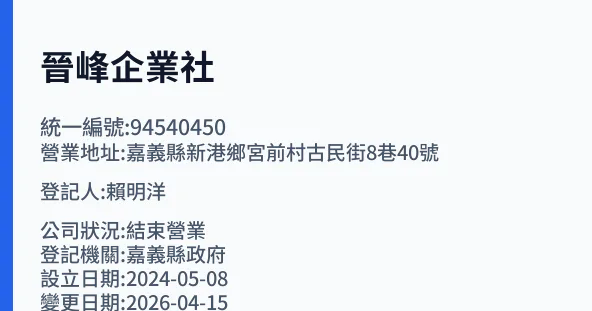 晉峰企業社的照片-統編 94540450(臺中市) 公司登記資料與營業項目詳細圖表
