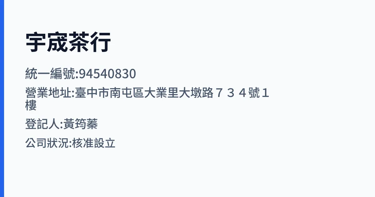 宇宬茶行 - 統編 94540830(臺中市) 公司登記資料與營業項目詳細圖表