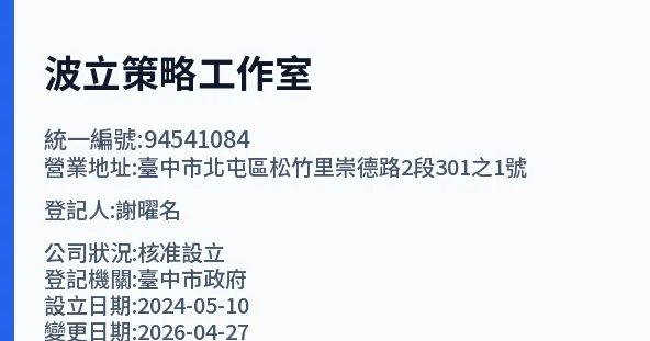 波立策略工作室的照片-統編 94541084(臺中市) 公司登記資料與營業項目詳細圖表