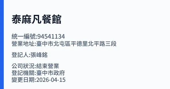 泰麻凡餐館的照片-統編 94541134(臺中市) 公司登記資料與營業項目詳細圖表