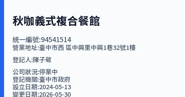 秋咖義式複合餐館的照片-統編 94541514(臺中市) 公司登記資料與營業項目詳細圖表