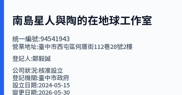 南島星人與陶的在地球工作室的照片-統編 94541943(臺中市) 公司登記資料與營業項目詳細圖表