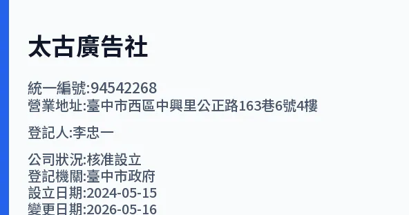 太古廣告社的照片-統編 94542268(臺中市) 公司登記資料與營業項目詳細圖表