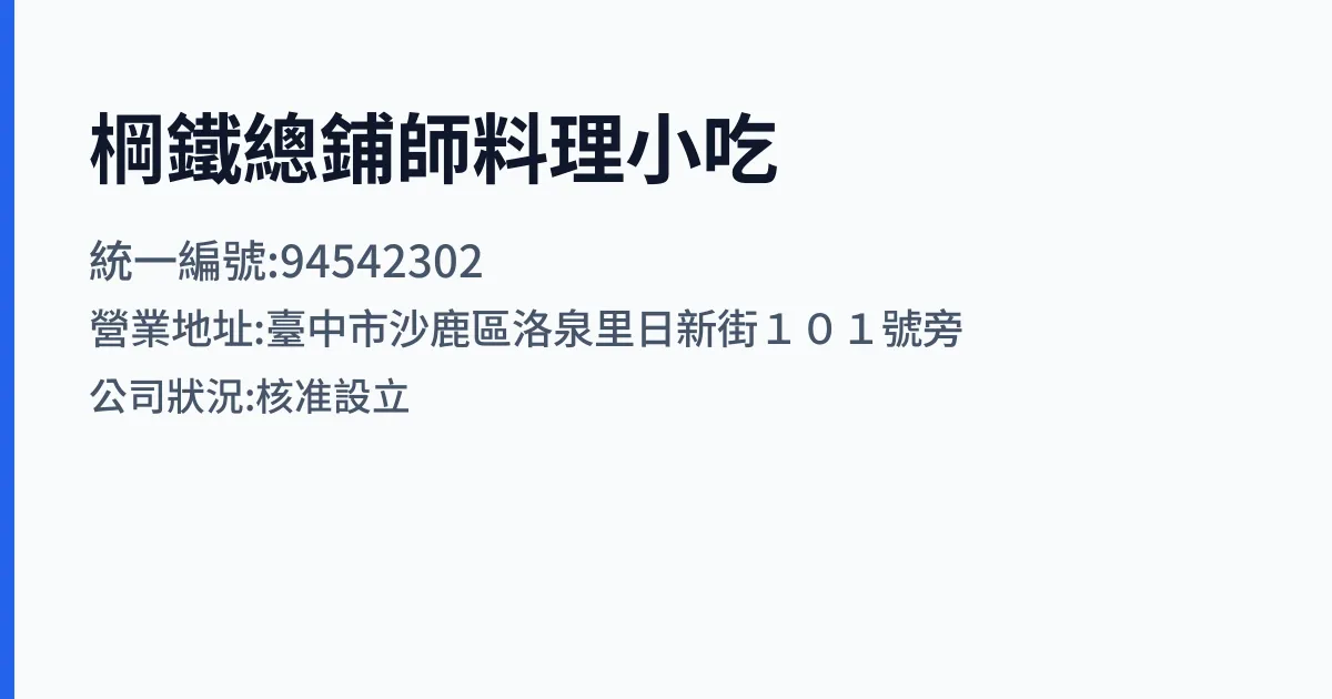 棡鐵總鋪師料理小吃 - 統編 94542302(臺中市) 公司登記資料與營業項目詳細圖表