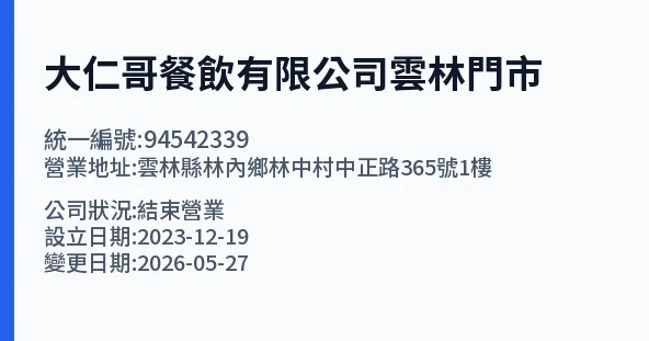 大仁哥餐飲有限公司雲林門市的照片-統編 94542339(雲林縣) 公司登記資料與營業項目詳細圖表
