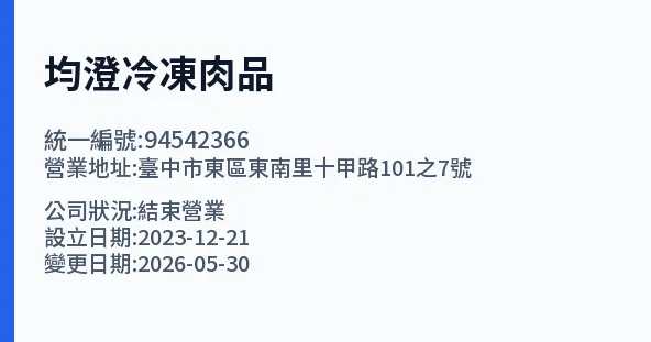 均澄冷凍肉品的照片-統編 94542366(臺中市) 公司登記資料與營業項目詳細圖表