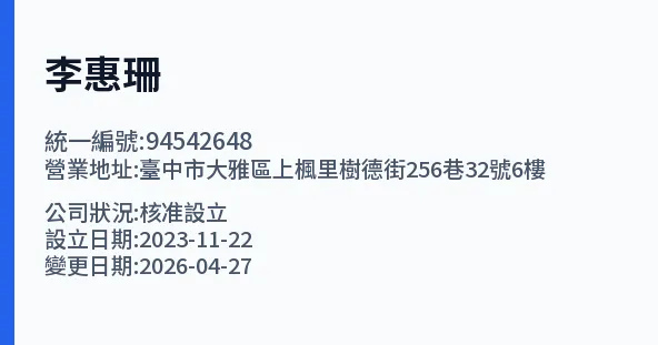 李惠珊的照片-統編 94542648(臺中市) 公司登記資料與營業項目詳細圖表