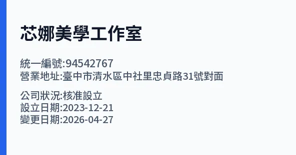 芯娜美學工作室的照片-統編 94542767(臺中市) 公司登記資料與營業項目詳細圖表