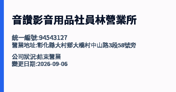 音讚影音用品社員林營業所的照片-統編 94543127(彰化縣) 公司登記資料與營業項目詳細圖表