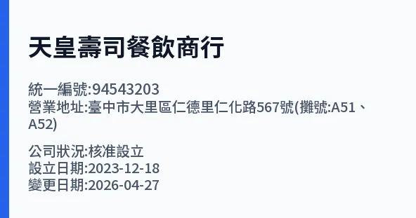 天皇壽司餐飲商行的照片-統編 94543203(臺中市) 公司登記資料與營業項目詳細圖表
