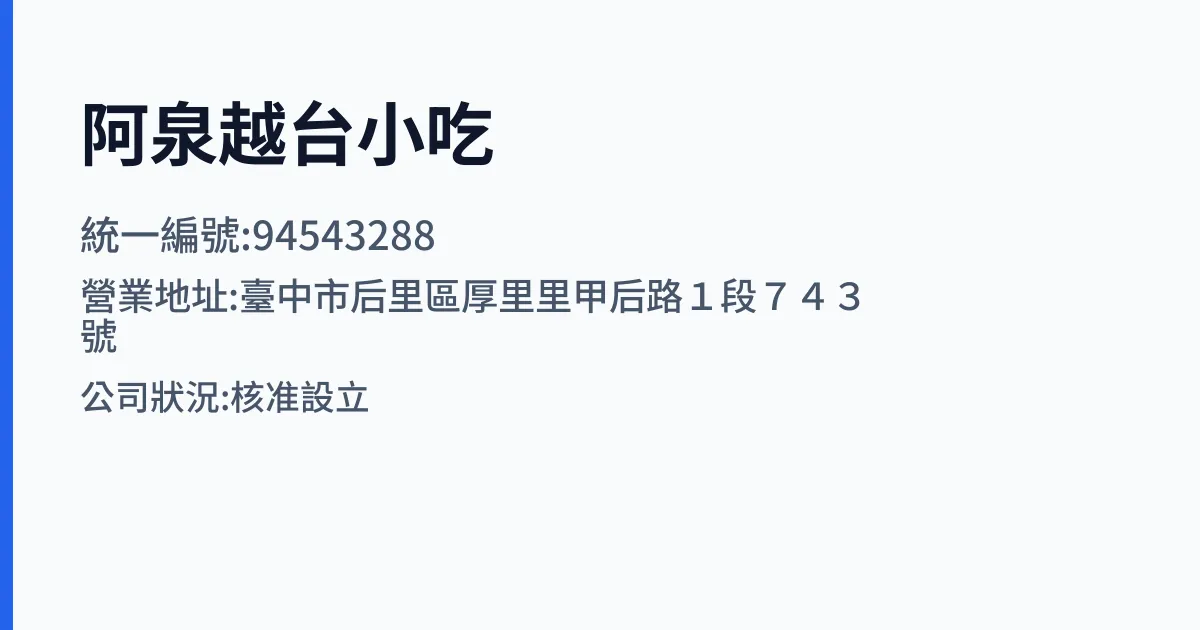 阿泉越台小吃 - 統編 94543288(臺中市) 公司登記資料與營業項目詳細圖表