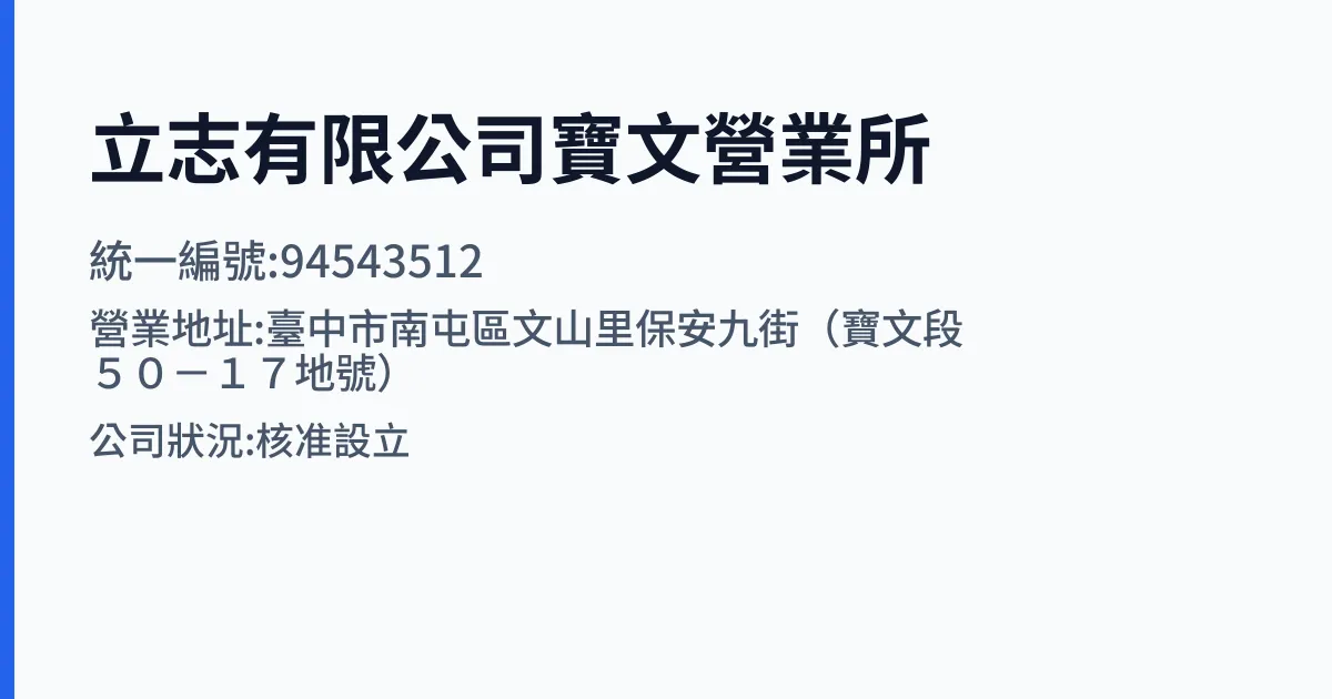 立志有限公司寶文營業所 - 統編 94543512(臺中市) 公司登記資料與營業項目詳細圖表