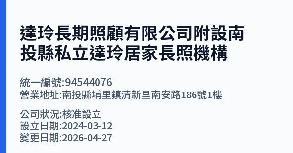 達玲長期照顧有限公司附設南投縣私立達玲居家長照機構的照片-統編 94544076(南投縣) 公司登記資料與營業項目詳細圖表