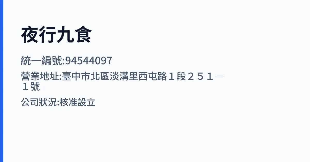 夜行九食 - 統編 94544097(臺中市) 公司登記資料與營業項目詳細圖表