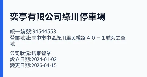 奕亭有限公司綠川停車場的照片-統編 94544553(臺中市) 公司登記資料與營業項目詳細圖表
