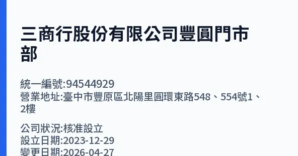 三商行股份有限公司豐圓門市部的照片-統編 94544929(臺中市) 公司登記資料與營業項目詳細圖表