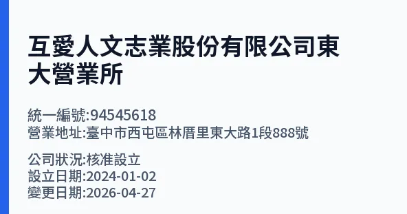 互愛人文志業股份有限公司東大營業所的照片-統編 94545618(臺中市) 公司登記資料與營業項目詳細圖表