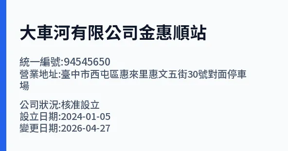 大車河有限公司金惠順站的照片-統編 94545650(臺中市) 公司登記資料與營業項目詳細圖表