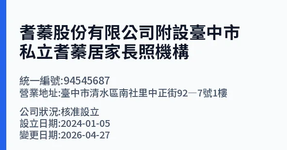 耆蓁股份有限公司附設臺中市私立耆蓁居家長照機構的照片-統編 94545687(臺中市) 公司登記資料與營業項目詳細圖表