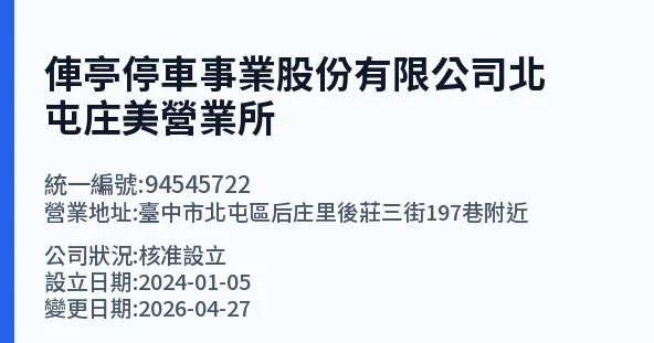 俥亭停車事業股份有限公司北屯庄美營業所的照片-統編 94545722(臺中市) 公司登記資料與營業項目詳細圖表