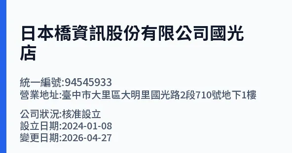 日本橋資訊股份有限公司國光店的照片-統編 94545933(臺中市) 公司登記資料與營業項目詳細圖表