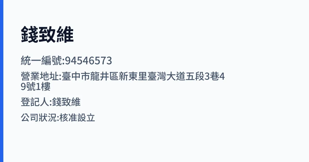 錢致維 - 統編 94546573(臺中市) 公司登記資料與營業項目詳細圖表