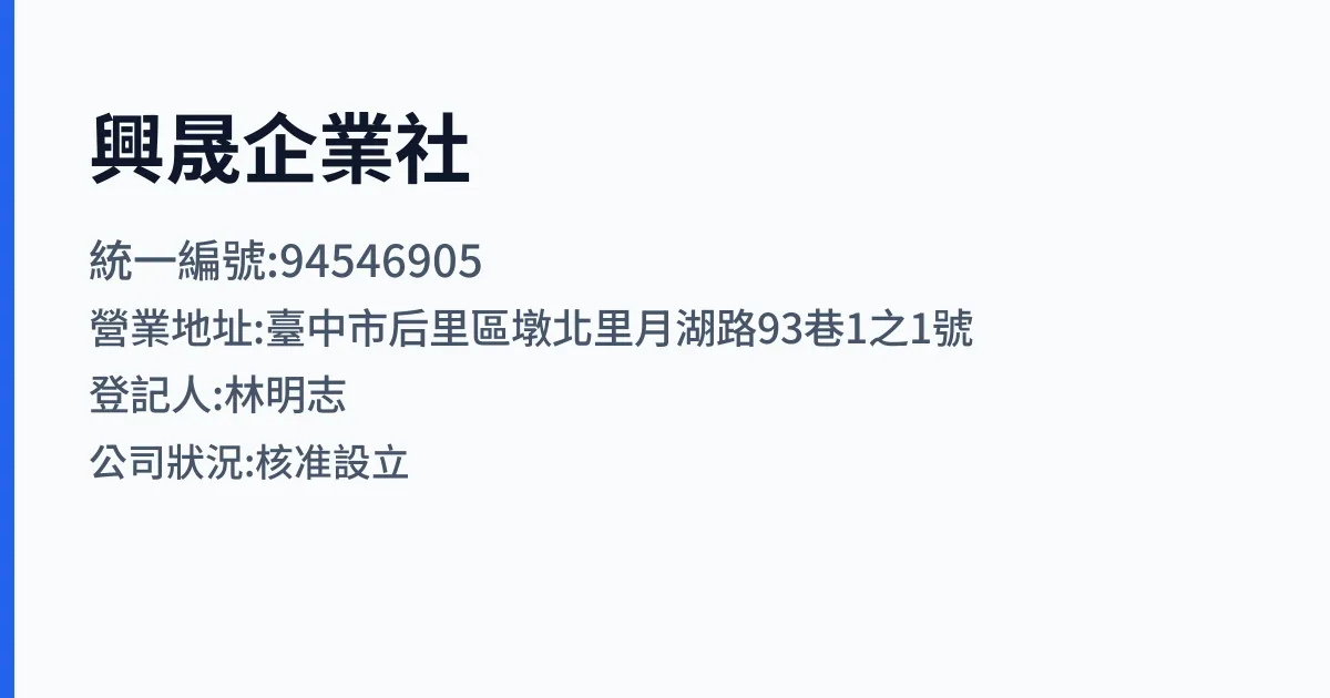 興晟企業社 - 統編 94546905(臺中市) 公司登記資料與營業項目詳細圖表