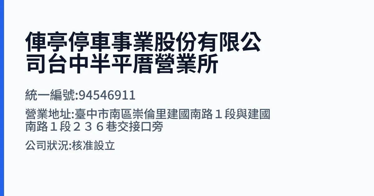 俥亭停車事業股份有限公司台中半平厝營業所 - 統編 94546911(臺中市) 公司登記資料與營業項目詳細圖表