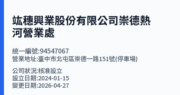 竑穗興業股份有限公司崇德熱河營業處的照片-統編 94547067(臺中市) 公司登記資料與營業項目詳細圖表