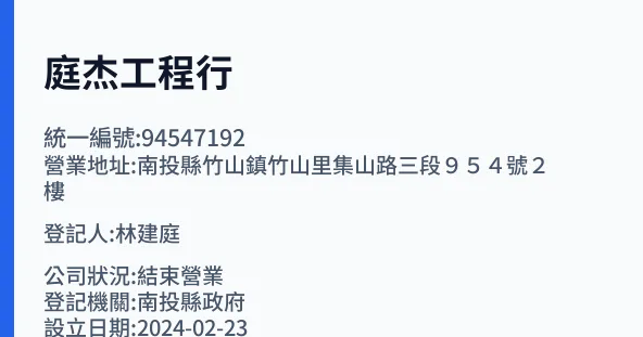 庭杰工程行的照片-統編 94547192(南投縣) 公司登記資料與營業項目詳細圖表