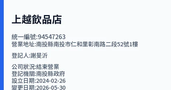 上越飲品店的照片-統編 94547263(南投縣) 公司登記資料與營業項目詳細圖表
