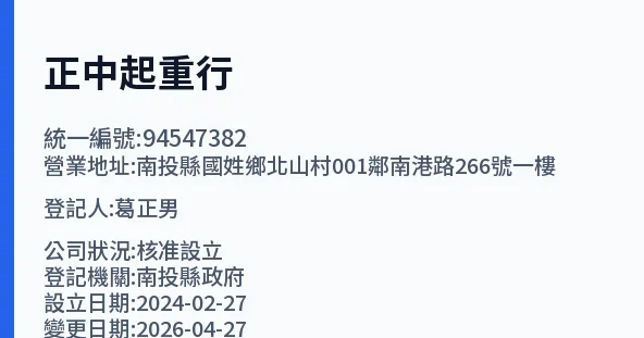 正中起重行的照片-統編 94547382(南投縣) 公司登記資料與營業項目詳細圖表