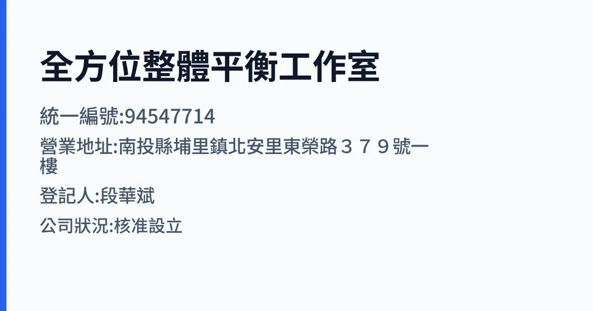 全方位整體平衡工作室 - 統編 94547714(南投縣) 公司登記資料與營業項目詳細圖表