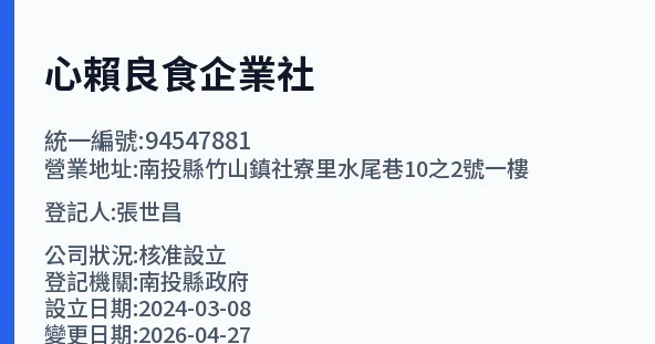 心賴良食企業社的照片-統編 94547881(南投縣) 公司登記資料與營業項目詳細圖表