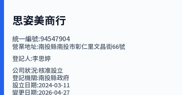 思姿美商行的照片-統編 94547904(南投縣) 公司登記資料與營業項目詳細圖表