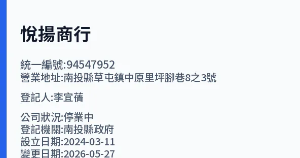 悅揚商行的照片-統編 94547952(南投縣) 公司登記資料與營業項目詳細圖表