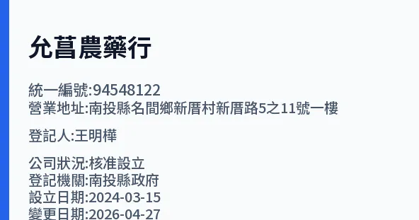允菖農藥行的照片-統編 94548122(南投縣) 公司登記資料與營業項目詳細圖表
