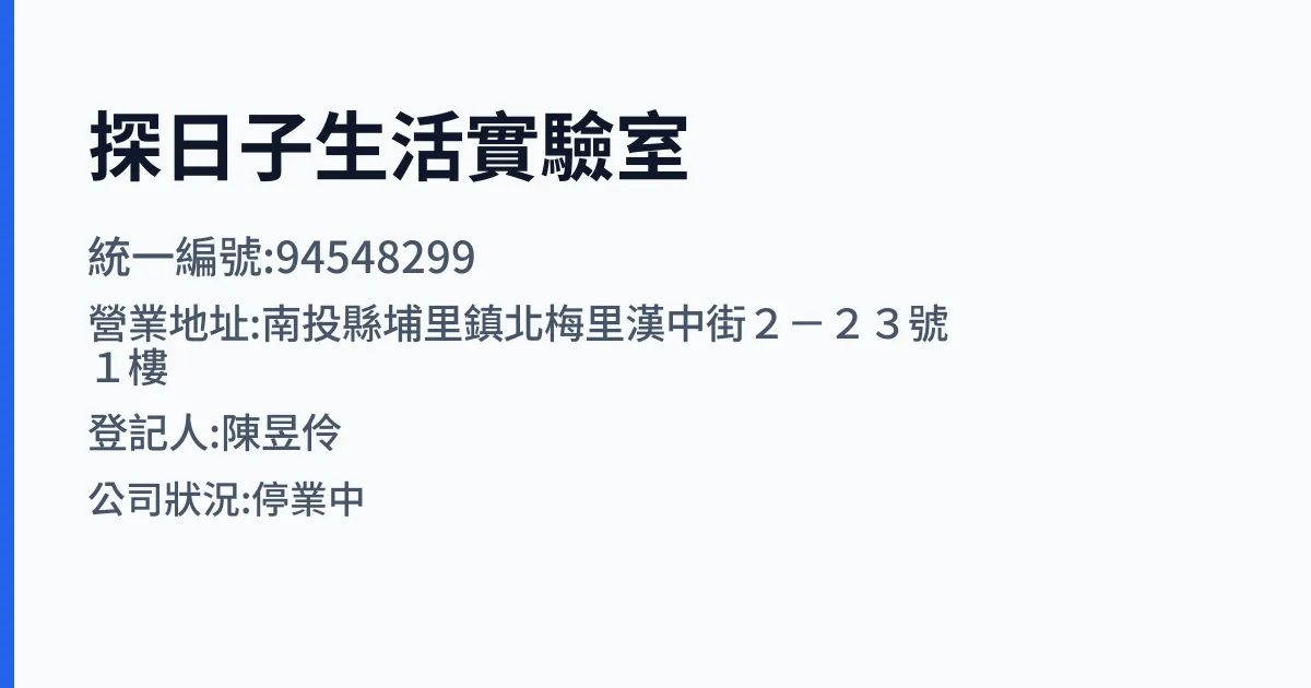 探日子生活實驗室 - 統編 94548299(南投縣) 公司登記資料與營業項目詳細圖表