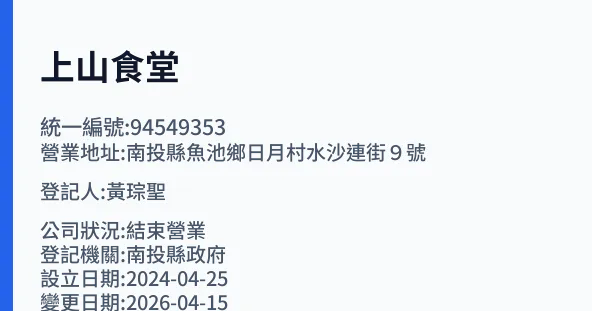 上山食堂的照片-統編 94549353(南投縣) 公司登記資料與營業項目詳細圖表