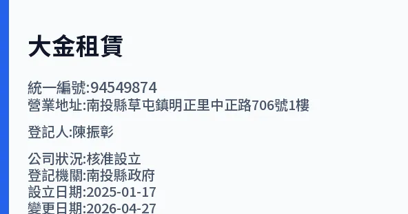 大金租賃的照片-統編 94549874(南投縣) 公司登記資料與營業項目詳細圖表