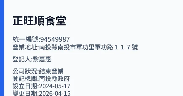 正旺順食堂的照片-統編 94549987(南投縣) 公司登記資料與營業項目詳細圖表