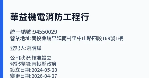 華益機電消防工程行的照片-統編 94550029(南投縣) 公司登記資料與營業項目詳細圖表