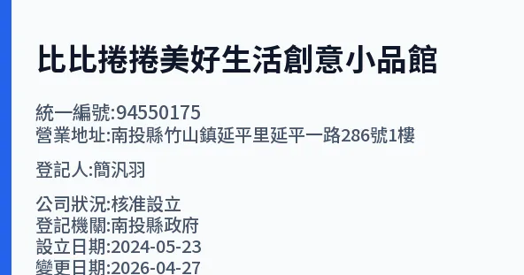 比比捲捲美好生活創意小品館的照片-統編 94550175(南投縣) 公司登記資料與營業項目詳細圖表