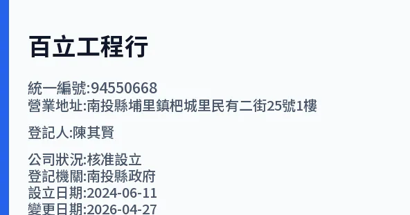 百立工程行的照片-統編 94550668(南投縣) 公司登記資料與營業項目詳細圖表